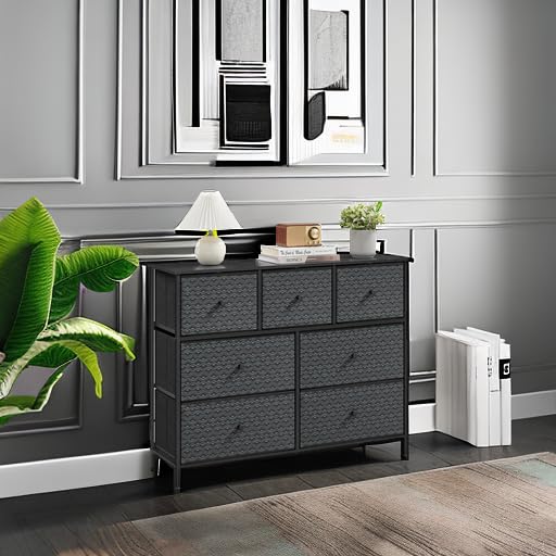 SONGMICS Dresser for Bedroom, Chest of Drawers, Closet Organizer and Storage Cabinet with 7 Fabric Drawers, Metal Frame, Ebony Black and Ink Black ULTS117B01