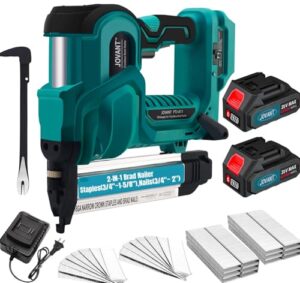 cordless brad nailer w/2-max batteries & charger, 2" length nails -18ga 1/4" narrow crown staples, nail gun battery powered, staple gun with 2240pcs staples & nails(jovant)