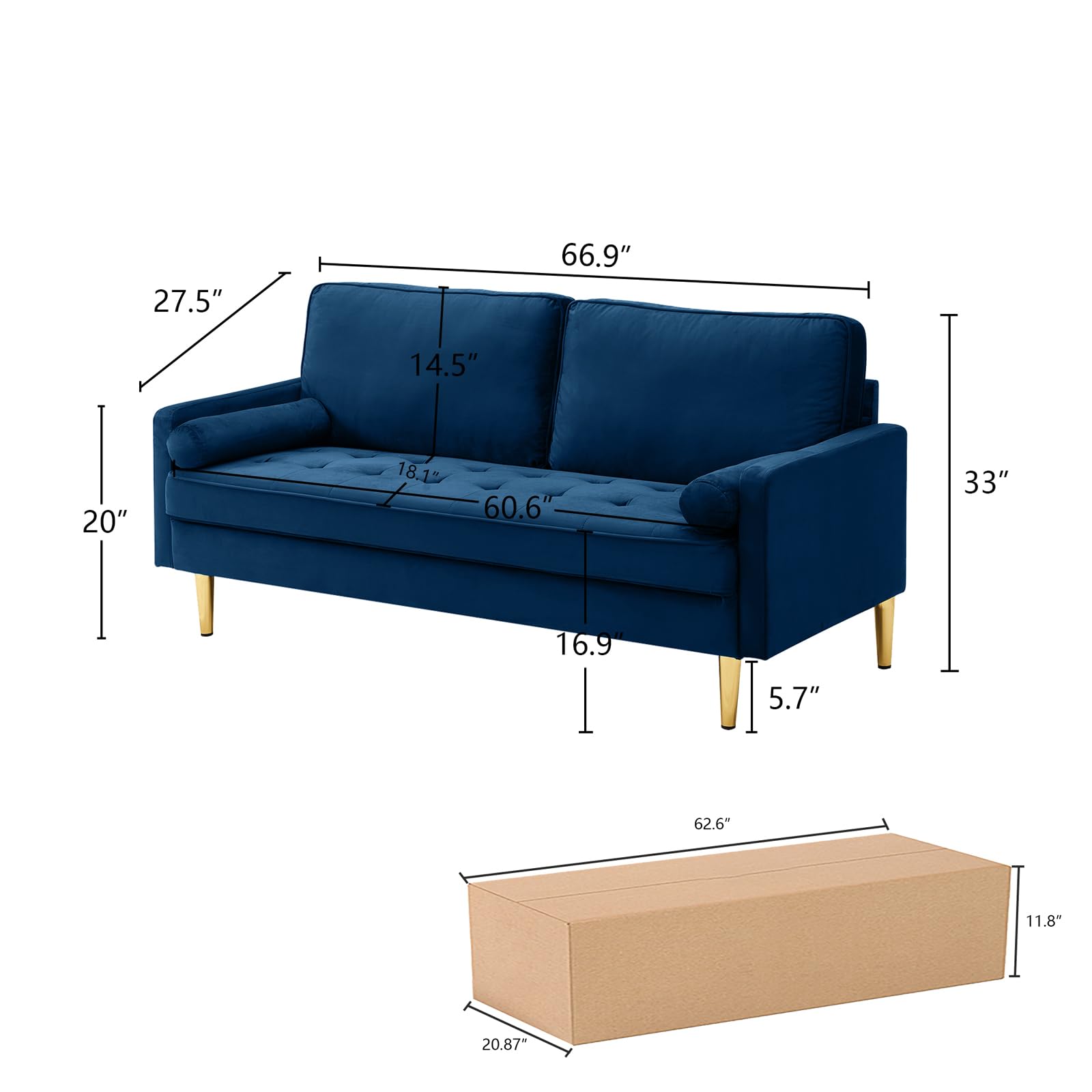 GPCRAC 67'' Velvet Sofa Bed, Modern Loveseat with Gold Metal Legs and 2 Bolster Pillows, Velvet Love Seats Couch for Small Spaces, Living Room, Apartment (Blue)