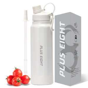 pluseight sports water bottle, insulated water bottle with straw, stainless steel water bottle wide mouth for sports, gym or office, bpa-free keep cold 24h hot 12h (white, 32 oz)