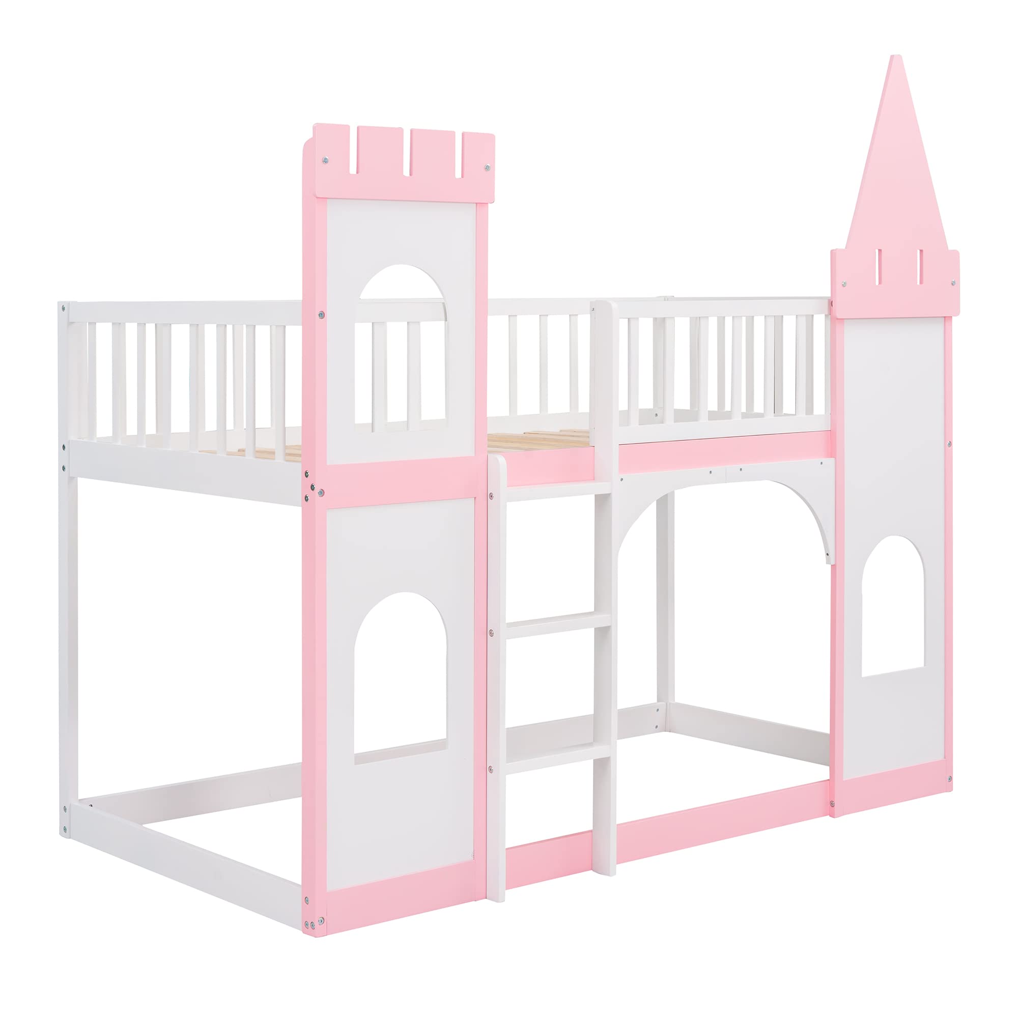 RORIGAT Twin Over Twin Castle Bed Kids Bunk Bed with Ladder and Guardrails, Wooden Versatile Floor Bedframe for Kids Teens Bedroom, Pink