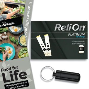 relion reli on platinum blood glucose test strips 100 ct choice bundle | includes food for life guide & portable pill container (3 items)!