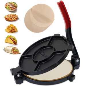 ezyec cast iron tortilla press 8-10 inch, large roti maker with silicone grip handle for roti, taco, flour, corn, dough, chapati, sturdy prensa para tortillas maker press w/ 50 pcs parchment paper