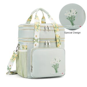 HSHRICH Insulated Lunch Bag for Women/Men, Dual Compartment Waterproof Reusable Large Lunch Box for Adlut Wide-Open Tote Cooler Bag For Working Picnic Hiking (16L, Green-Flowers)