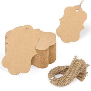 sallyfashion 100pcs kraft paper gift tags, blank gift bag tags with string brown hanging price tags for wedding diy crafts gifts