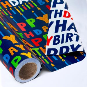 reversible birthday wrapping paper roll - 17 inch x 33 ft(46.8 sq.ft.ttl) - creative colorful happy birthday lettering & candle navy blue gift wrap paper for birthday, party, baby shower & holiday