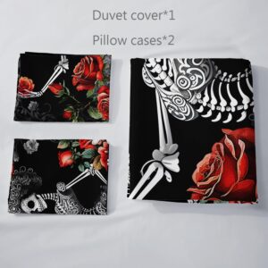 AILONEN Sugar Skull Duvet Cover Set Queen Size, Skeleton Bone Printed Bedding Set,Red Floral Rose Skull Sugarskull Comforter Cover Set,3 Pieces Duvet Cover Set, 1 Quilt Cover and 2 Pillowcases