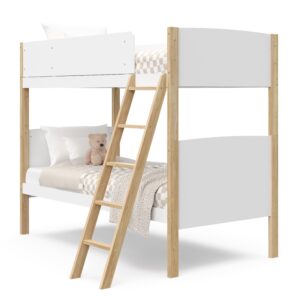 storkcraft next delray twin-over-twin convertible bunk bed (white with natural) – modern, stylish, 2-tone bunk bed for kids bedroom