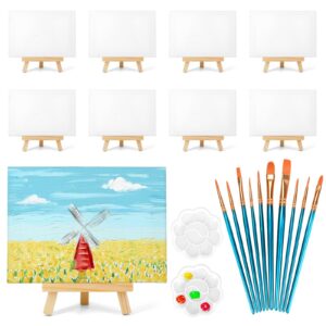 8 pack 8x10 in canvas boards for painting,canvas for painting with 9.5" easel, art canvas painting kit with 10 brushes & 2 paint tray for kids teenagers acrylic pouring oil water color gift…