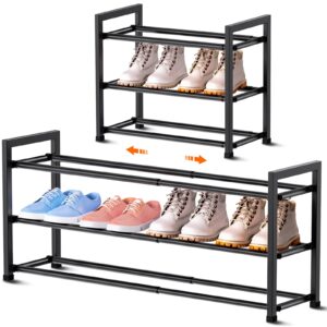 bumusty 3-tier expandable shoe rack for closet, 18“-33” adjustable shoe rack for small space, small shoe organizer for front door, sturdy metal, black