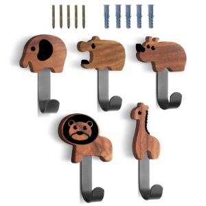 qivine 5pcs wood cute animal coat hooks, kids coat rack, kids coat rack wall mount, wall hooks for hanging, giraffe lion elephant animal nursery hooks for nursery bathroom bedroom home decor