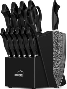 knife set, 15 pieces kitchen knife set with built in sharpener, high carbon german stainless steel knife block set, dishwasher safe