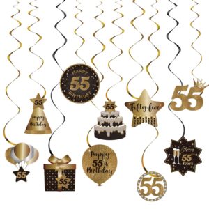 happy 55th birthday party hanging swirls streams ceiling decorations, celebration 55 foil hanging swirls with cutouts for 55 years old black and gold birthday party decorations supplies