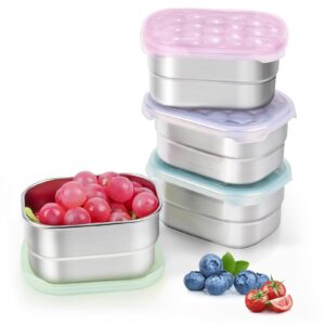 tanjiae stainless steel snack containers for kids and toddlers | easy open leak proof small food containers with silicone lids - perfect metal lunch box for daycare and school (8oz, set of 4)