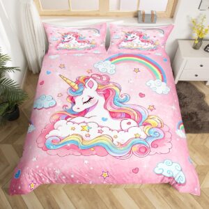 jejeloiu cute unicorn bedding set full size kids pink cartoon unicorn comforter cover set for boys girls teens magical animal decor duvet cover dreamy horse bedspread cover room decor quilt cover