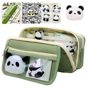 ecqizer 10pcs cute panda pencil case large capacity for adults aesthetic pencil case kawaii pencil pouch cute with zipper preppy pen bag with gel ink pens, clips, stickers, pin (green)