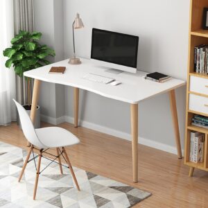 writing desks for home office, wood computer desk, modern simple style home office gaming desk, basic writing table for small spaces, laptop computer table, study desk with solid legs (white)