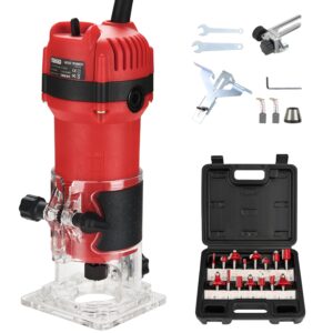 teeno wood router, 800w compact router tools for woodworking, 31000 rpm hand trim router with 15 pcs 1/4" router bits set, edge guide, roller guide