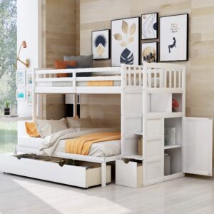 softsea bunk bed twin over full with drawers, twin over twin bunk bed frame with storage cabinet for kids, no box spring needed(white)