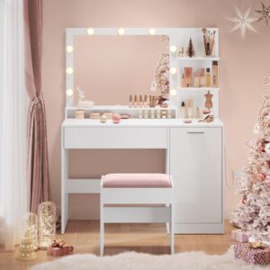 vasagle vanity desk with mirror and lights, 43.3-inch wide makeup vanity with upholstered vanity stool, power outlets, dimmable led lights, storage drawer, for bedroom, cloud white urdt628w01