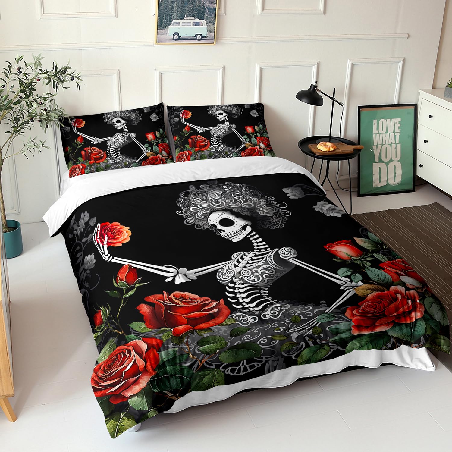 AILONEN Sugar Skull Duvet Cover Set Queen Size, Skeleton Bone Printed Bedding Set,Red Floral Rose Skull Sugarskull Comforter Cover Set,3 Pieces Duvet Cover Set, 1 Quilt Cover and 2 Pillowcases