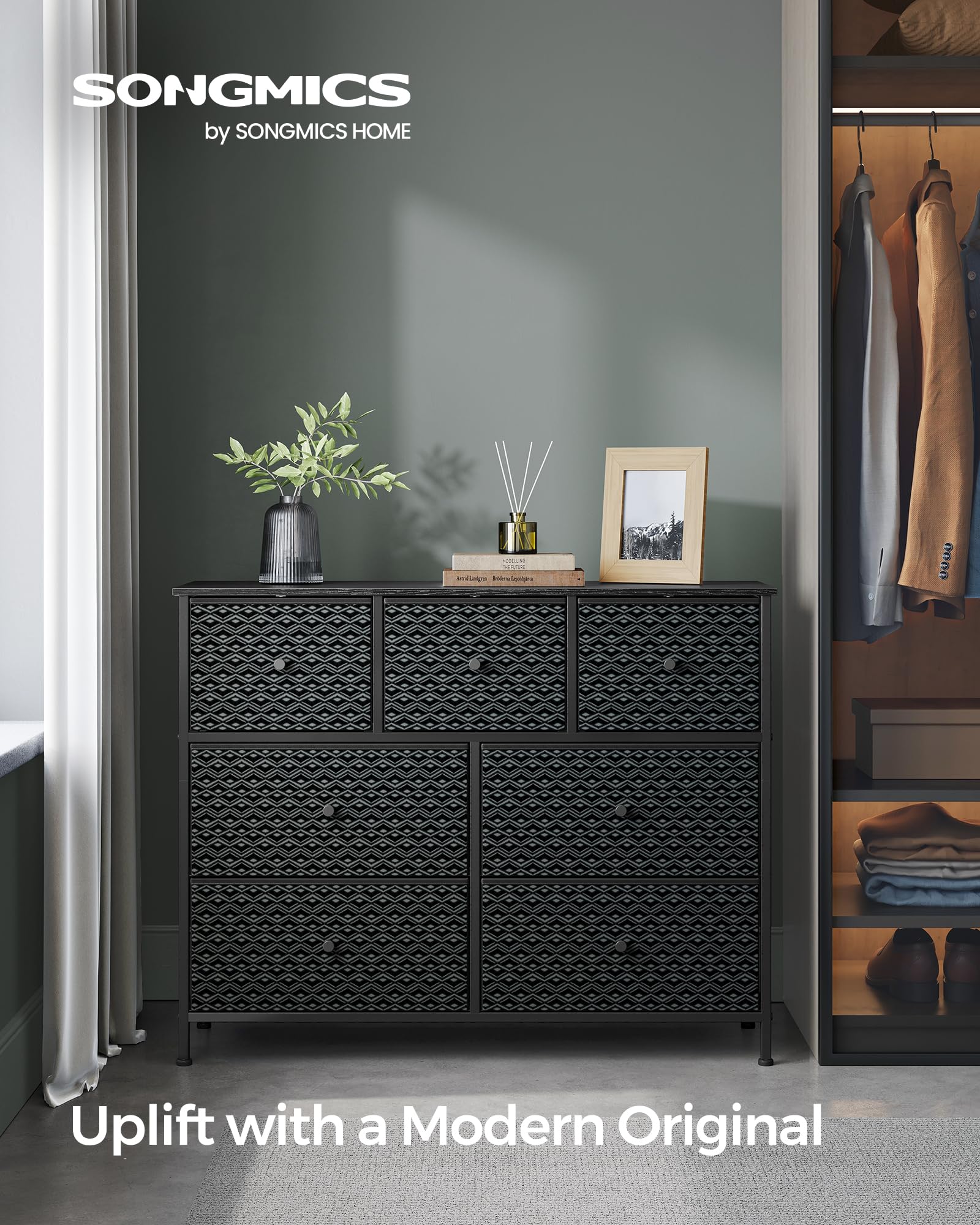 SONGMICS Dresser for Bedroom, Chest of Drawers, Closet Organizer and Storage Cabinet with 7 Fabric Drawers, Metal Frame, Ebony Black and Ink Black ULTS117B01