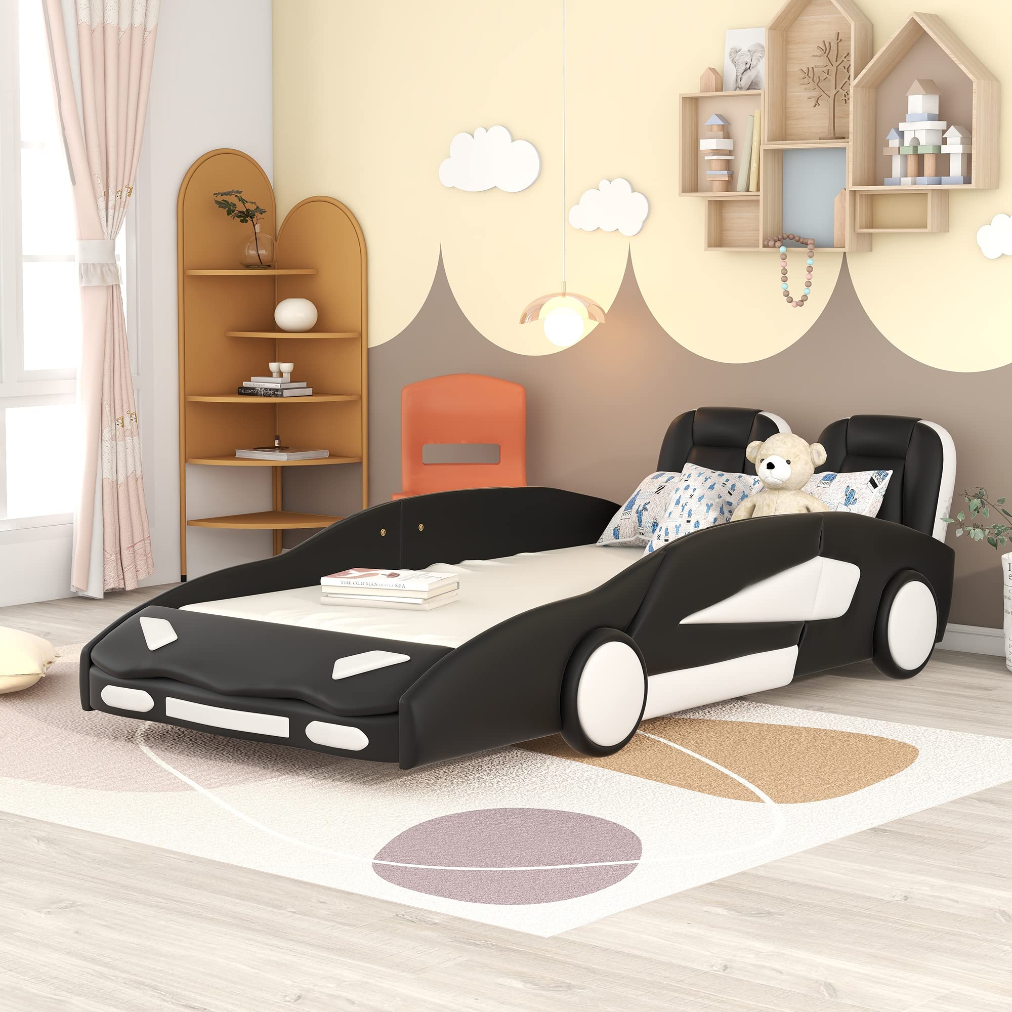 RORIGAT Race Car Bed,Twin Car-Shaped Platform Bed with Wheels,Car Kids Bed for Boys,Black