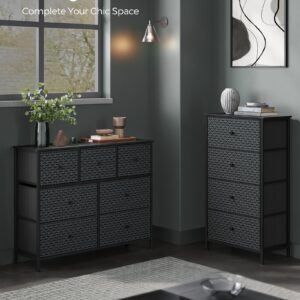 SONGMICS Dresser for Bedroom, Chest of Drawers, Closet Organizer and Storage Cabinet with 7 Fabric Drawers, Metal Frame, Ebony Black and Ink Black ULTS117B01