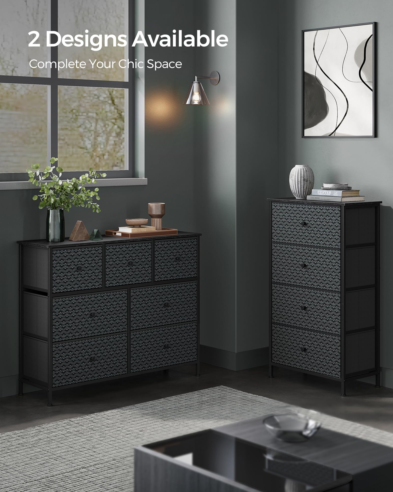 SONGMICS Dresser for Bedroom, Chest of Drawers, Closet Organizer and Storage Cabinet with 7 Fabric Drawers, Metal Frame, Ebony Black and Ink Black ULTS117B01