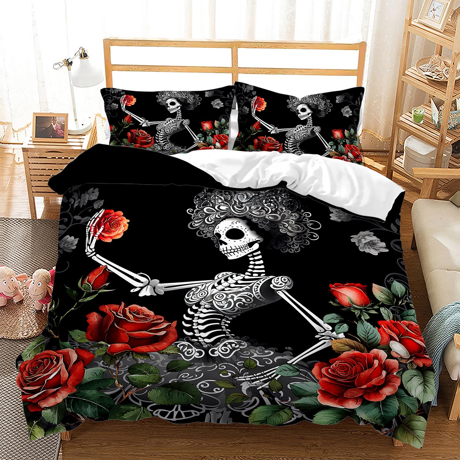 AILONEN Sugar Skull Duvet Cover Set Queen Size, Skeleton Bone Printed Bedding Set,Red Floral Rose Skull Sugarskull Comforter Cover Set,3 Pieces Duvet Cover Set, 1 Quilt Cover and 2 Pillowcases