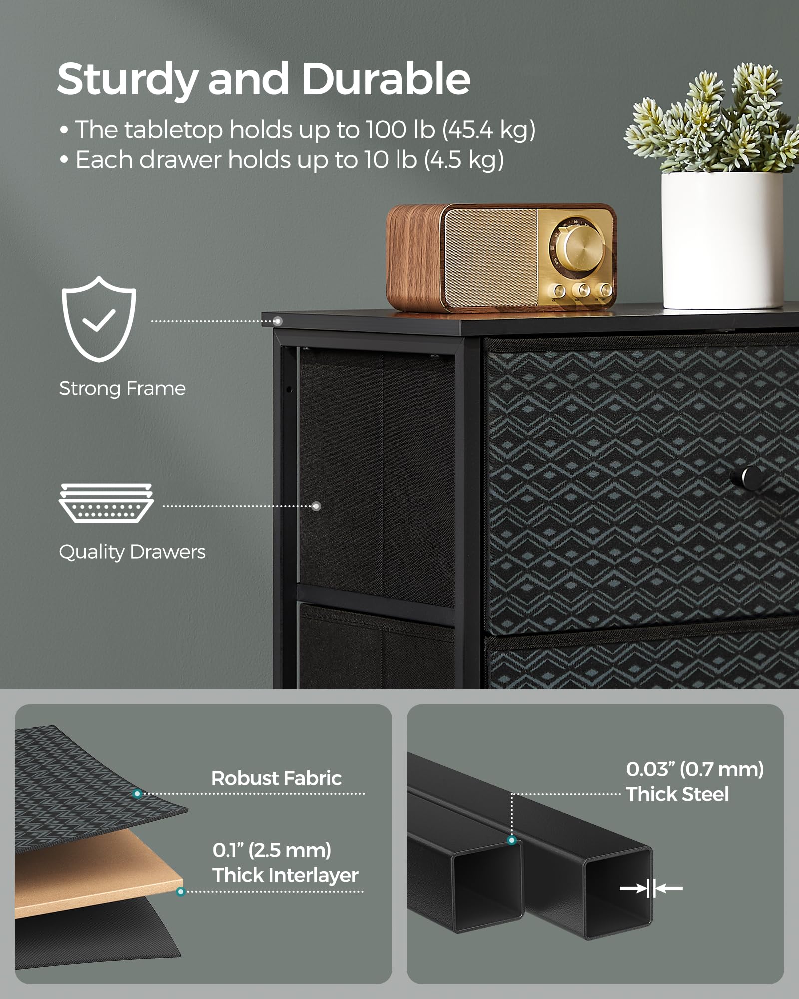 SONGMICS Dresser for Bedroom, Chest of Drawers, Closet Organizer and Storage Cabinet with 7 Fabric Drawers, Metal Frame, Ebony Black and Ink Black ULTS117B01