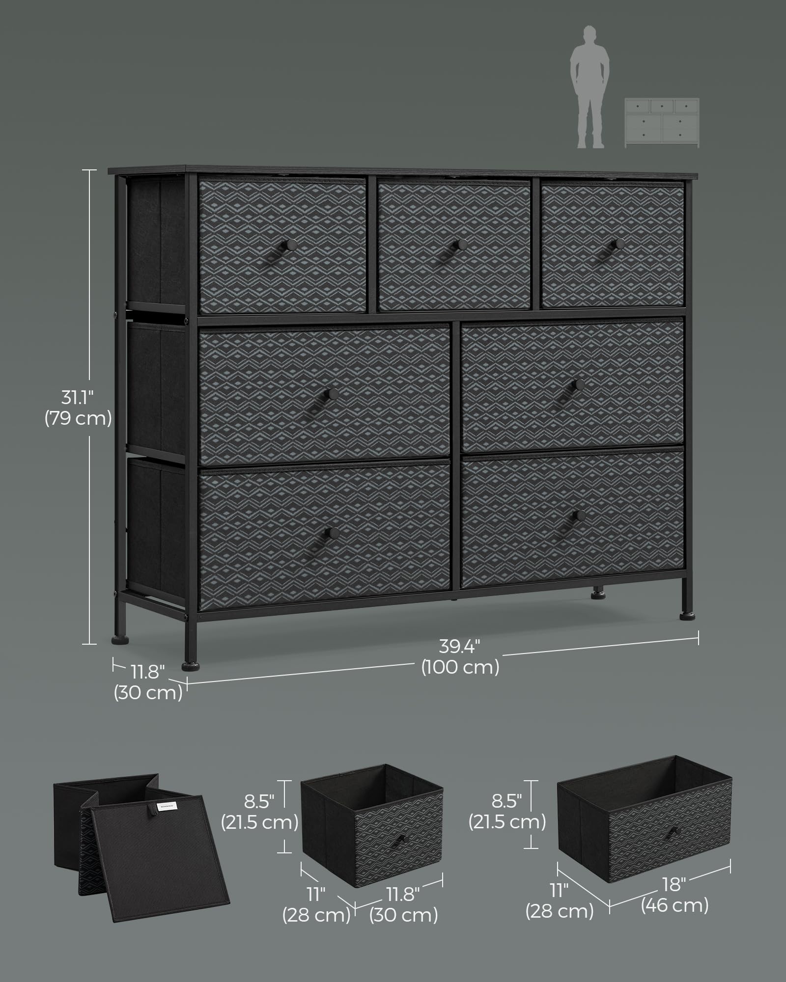 SONGMICS Dresser for Bedroom, Chest of Drawers, Closet Organizer and Storage Cabinet with 7 Fabric Drawers, Metal Frame, Ebony Black and Ink Black ULTS117B01