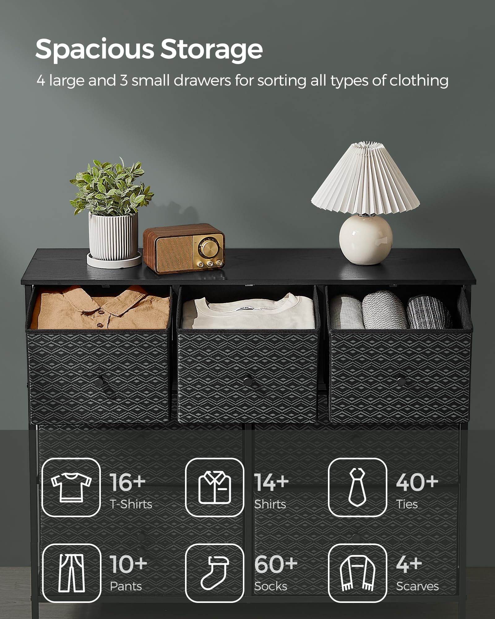 SONGMICS Dresser for Bedroom, Chest of Drawers, Closet Organizer and Storage Cabinet with 7 Fabric Drawers, Metal Frame, Ebony Black and Ink Black ULTS117B01