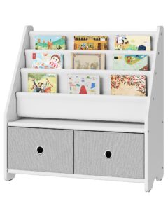 choezon kids bookshelf and toy storage, 4 tier large capacity kids book rack, sling kids bookcase, for kids room, nursery, playroom, white and gray mcw06wt