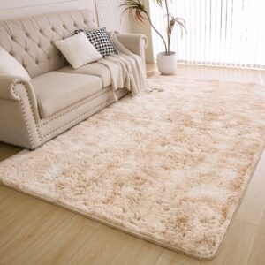 calctic fluffy 4x6 shag area rug, washable tie-dyed beige large rug for living room and bedroom, soft plush faux fur carpet ideal for nursery boys and girls, non-slip area rug perfect for playroom