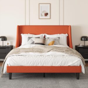 sha cerlin upholstered bed frame queen size with streamlined wingback headboard, breathable linen fabric, solid wooden slats, easy assembly, orange