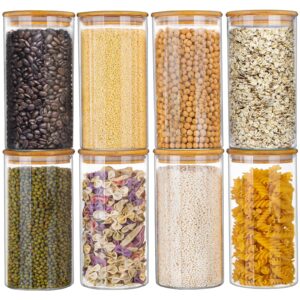 homjoy 8 pack food grade glass jars with bamboo lids, 34 fl oz airtight glass food storage containers with 104 labels, glass flour and sugar containers for flour, sugar, pasta,coffee, oats, beans