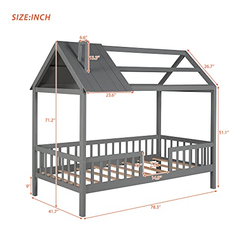 LostCat Kids House Bed,Twin Size Bed House Wood Montessori House Bed Frame with Fence and Rails, House Bed Kids Montessori Beds Playhouse Tent Bed, Wood Platform Bed Frame for s, White+Grey