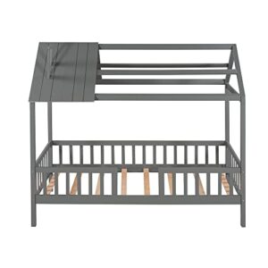 LostCat Kids House Bed,Twin Size Bed House Wood Montessori House Bed Frame with Fence and Rails, House Bed Kids Montessori Beds Playhouse Tent Bed, Wood Platform Bed Frame for s, White+Grey