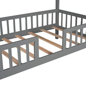 LostCat Kids House Bed,Twin Size Bed House Wood Montessori House Bed Frame with Fence and Rails, House Bed Kids Montessori Beds Playhouse Tent Bed, Wood Platform Bed Frame for s, White+Grey