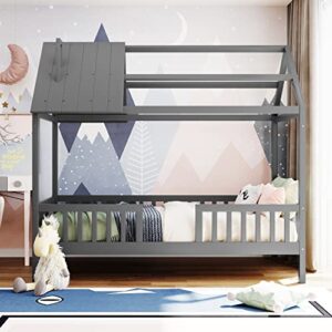 LostCat Kids House Bed,Twin Size Bed House Wood Montessori House Bed Frame with Fence and Rails, House Bed Kids Montessori Beds Playhouse Tent Bed, Wood Platform Bed Frame for s, White+Grey