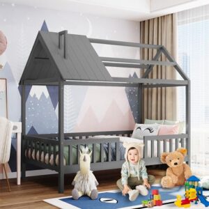 lostcat kids house bed,twin size bed house wood montessori house bed frame with fence and rails, house bed kids montessori beds playhouse tent bed, wood platform bed frame for s, white+grey