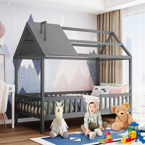 LostCat Kids House Bed,Twin Size Bed House Wood Montessori House Bed Frame with Fence and Rails, House Bed Kids Montessori Beds Playhouse Tent Bed, Wood Platform Bed Frame for s, White+Grey