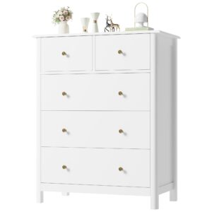 housuit white dresser with 5 drawers, tall dresser chest of drawers, 5 drawer dresser with deep space, wood dresser storage cabinet for living room, hallway, office, white