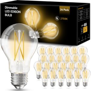 volivo 24 pack vintage led bulbs, a19 dimmable led light bulb, 2700k warm white, 60w equivalent, cri 80+, clear glass filament bulbs, 7w, e26 standard base, classic edison antique style bulbs for home