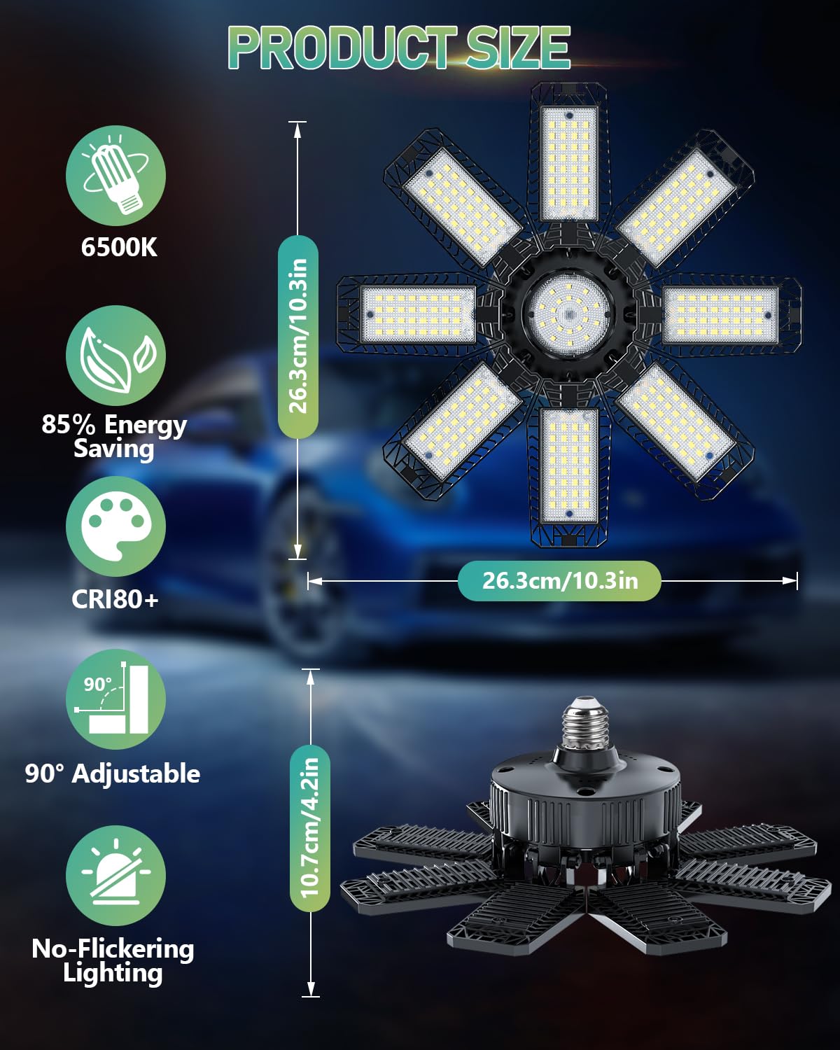 YIBEYYDS LED Garage Lights Garage Light - 240W 24000LM Garage Lights Ceiling LED，6500K LED Garage Ceiling Lights with 8+1 Deformable Panels Support E26/E27 for Garage, Workshop, Basement (2)