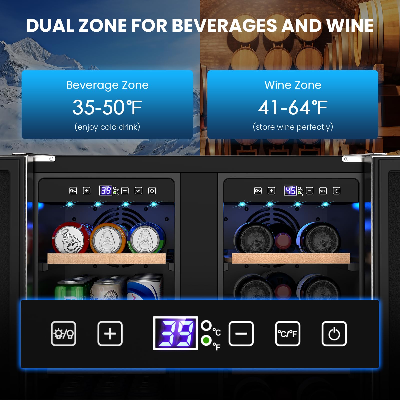 Mojgar 24 Inch Outdoor Wine and Beverage Refrigerator, Weather Proof Dual Zone Wine Fridge, Under Counter Wine Cooler Beer Fridge Built-In or Freestanding, Holds 20 Bottles and 57 Cans