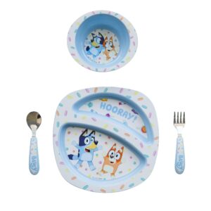 the first years bluey 4-piece place setting - bpa free dishwasher safe toddler dinnerware set with divided plate, bowl, fork, spoon - multicolor