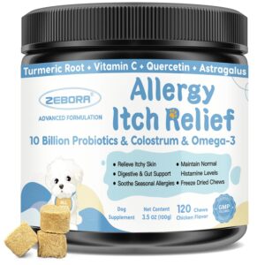 dog allergy relief chews, with probiotics, omega 3, colostrum - dog itching skin & ears relief, herbal dog skin & coat supplement, gut & immune support, hot spot treatment, anti seasonal allergies