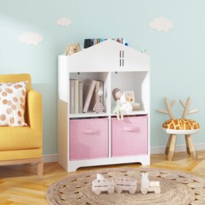 tzou kids dollhouse bookcase with storage, toddler bookshelf, 2-tier storage display organizer with 2 collapsible fabric drawers for boys girls bedroom, playroom house bookshelf white+pink